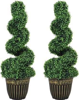 HOMCOM 2er Set Künstliche Buchsbaum 90cm Spirale Kunstpflanze, Plastik Künstliche Pflanzen im Topf, Kunstbaum Fake Plant wie echt für Wohnzimmer Schlafzimmer
