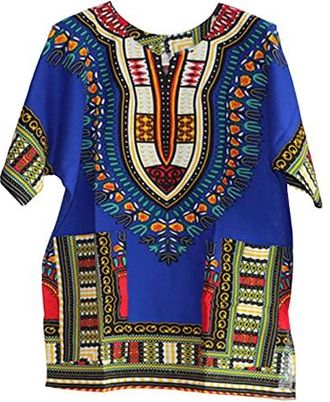 Perfeclan T-shirt Dashiki Africain Unisexe, Tribal Manches Courtes Couleur Classique Col en V Confortable Grand Coton Lin Festival Chemises Tops, Bleu, Taille u
