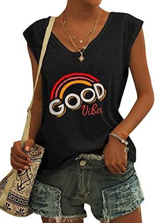 Dresswel Good Vibes T-shirt d&eacute;t&eacute; pour femme avec imprim&eacute; arc-en-ciel &agrave; manches courtes et col en V, Noir, S