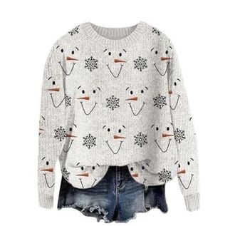 Generic Pull de No&euml;l pour femme - Col bateau - Imitation pull &agrave; manches longues - Style boh&egrave;me - V&ecirc;tements tendance de No&euml;l, Blanc a, 4XL