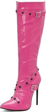 Generic Bottes d&eacute;quitation montantes pour femme avec sangle &agrave; boucle clout&eacute;e et fermeture &eacute;clair lat&eacute;rale, bout pointu, talons aiguilles, robe dhiver, rose ro