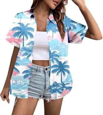 Generic Chemise hawa&iuml;enne &agrave; manches courtes pour femme - Chemise tropicale des Cara&iuml;bes - Chemise amusante boutonn&eacute;e avec palmier hawa&iuml;en des ann&eacute;es 80 - Chem
