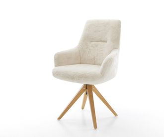 DELIFE Drehstuhl Zelia-Flex mit Armlehnen Pl&uuml;sch Creme-Wei&szlig; Holzgestell kantig Natur 180&deg; drehbar Taschenfederkern, Esszimmerst&uuml;hle