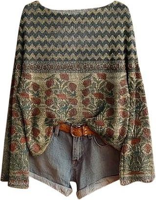 Generic Pull Femme Coloré Norvégien - Pull Oversize Manches Longues Haut Vintage Imprimé Décontracté Sweatshirt Décontracté Lâche Sweatshirt Adolescent Fille 