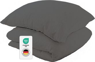 jilda-tex Bio-Bettwäsche Musselin Medina 100% Bio-Baumwolle Knitterlook Bügelfrei Uni Made in Green (Dunkelgrau, 240x220 + 2X 80x80 cm)