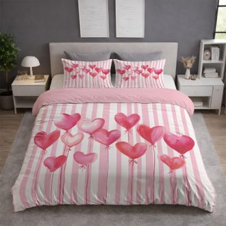 Generic Bettw&auml;sche 240 x 260 cm 3er Set Bettbezug Set Mit Kissenbezug 80 x 80 cm Rosa Romantisch Streifen Herz Weicher und Strapazierf&auml;higer Mikrofaseranzug s