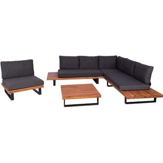 Hhg Garten-Garnitur mit Sessel HHG-469, Lounge-Set Sofa, Spun Poly Akazie Holz MVG Aluminium braun, Polster dunkelgrau