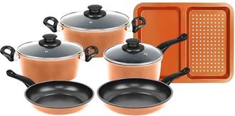 Herzberg HG04838-COP, Batterie de cuisine robuste avec revêtement antiadhésif, compatible tous feux, design élégant en cuivre, cuisson saine sans huile, 9 Pièc