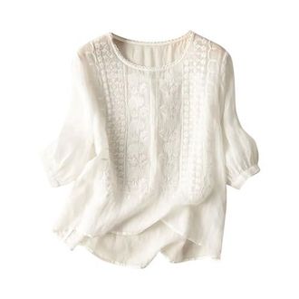 Generic Cocila Blouse Dentiste Chemise Patchwork en Coton Et Lin Brod&eacute;e pour Femme T Shirt Papa Fille Ete Tuniques Chemisier Manche Longue Chemisiers Blouses 