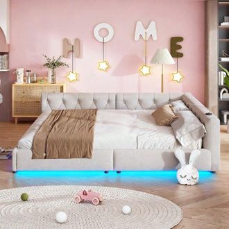 Generic Schlafsofa 140x200 cm mit Lattenrost & Ambientebeleuchtung - Daybed in Beige-Leinen, Kopfteil mit Knopftuft, USB-C-Anschluss - Ohne Matratze