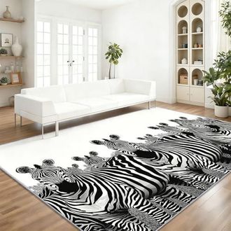 Generic Tapis &agrave; Motif Animaux Minimalistes Z&egrave;bres Grand Antid&eacute;rapant &agrave; Poils Courts Doux Chambre Poil Ras de Sol Noir Blanc, 160 x 230 cm