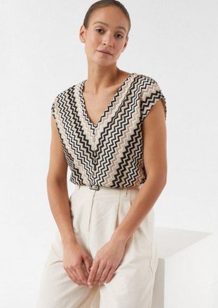 Comma Kurzarmshirt T-Shirt Gestricktes Shirt mit Zick-Zack-Muster