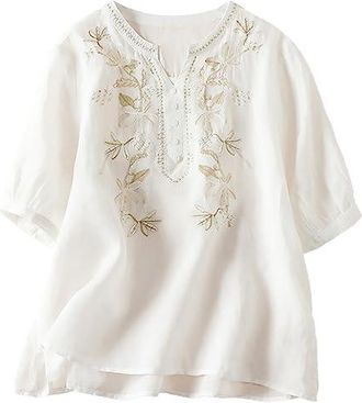 Generic QUINTRA Chemise en coton pour femme &agrave; temp&eacute;rament ample et manches courtes et broderie de style r&eacute;tro litt&eacute;raire chemisier femme &eacute;l&eacute;gant sexy, Blanc.,