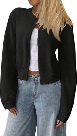 TOMWELL Gilet Femme Col Rond Cardigan Manches Longues Chic et Elegant Gilets avec Bouton A Noir XL