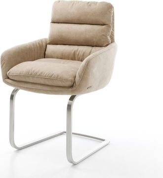 DELIFE Freischwinger Abelia-Flex mit Armlehnen Mikrofaser Beige Vintage Freischwinger flach Edelstahl, Esszimmerstühle