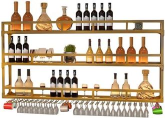 Generic Casier &agrave; vin mural dor&eacute; avec lumi&egrave;re LED - &Eacute;tag&egrave;res flottantes &agrave; 3 niveaux pour pr&eacute;sentation de bouteilles dalcool et verres &agrave; vin - &Eacute;tag&egrave;re murale de