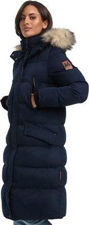 Marikoo B890 Parka longue dhiver chaude matelass&eacute;e avec capuche pour femme, bleu marine, S