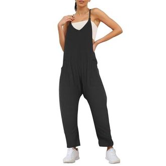 Generic Salopette d&eacute;t&eacute; pour femme - Combinaison grandes tailles - Couleur unie - Combinaison l&eacute;g&egrave;re - Jambes larges - Avec poches - Sans manches - Combinaison