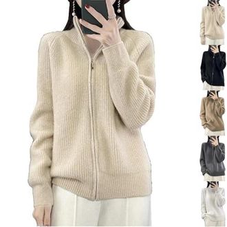 Generic Pull en tricot &agrave; col roul&eacute; avec fermeture &eacute;clair sur toute la longueur, col montant, pull &eacute;pais et chaud pour femme, beige, Taille unique