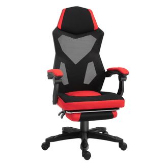 Vinsetto Ergonomischer B&uuml;rostuhl, Gaming Stuhl, Drehstuhl mit Fu&szlig;st&uuml;tze, PC Stuhl, Chefsessel, h&ouml;henverstellbar, Polyester, Schwarz+Rot,58 x 63 x 112-122 cm