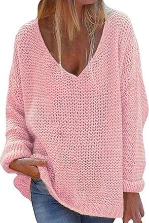 Generic Pull à manches longues pour femme - Tendance - Grande taille - Confortable - Col en V - Pull dautomne pour femme - Couleur unie - Pull tendance - Auto