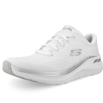 Skechers Damen Arch Fit 2.0 Glow The Distance Sneaker, White Mesh/Silver Trim, 37.5 EU