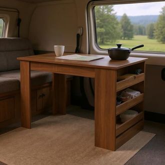 Furniture R Wohnmobiltisch mit Regal, kompakter Tisch für Camper und Wohnmobile, 110x70x75 cm, Holzoptik, multifunktional
