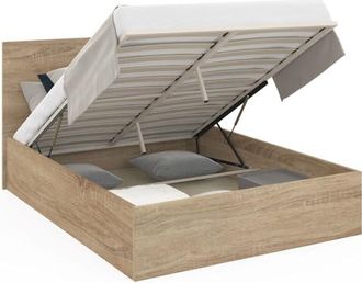 IDMarket Lit Coffre Double Seaside avec tête de lit et sommier 140x190 cm façon hêtre