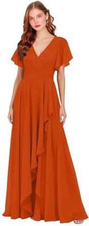 Generic Robe de demoiselle dhonneur en mousseline de soie &agrave; col en V pour femme, robe de soir&eacute;e formelle &agrave; manches flottantes avec fente, Orange, 54 Grande ta