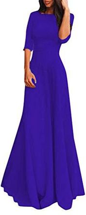 Minetom Robe Longue Femme Manche 3/4 Tunique Col Rond Elegante Mode Solide Maxi Robe de Cocktail Soir&eacute;e Ceremonie Marine 40