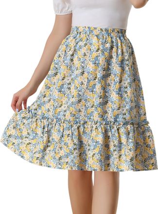 Allegra K Damen Sommer R&uuml;schen Rock Saum Blumen A-Linie Hohe Taille Knielang Midirock Wei&szlig; Gelb M