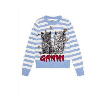 Ganni Gestreifter Katzen Grafik Rundhalsausschnitt Pullover - - Knitwear - Damen - Blau - XS