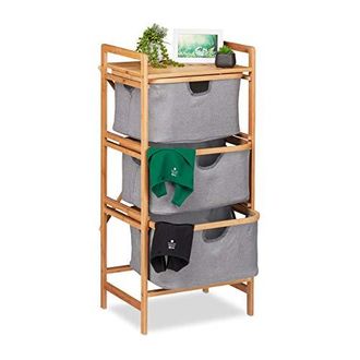 Relaxdays W&auml;schesortierer Bambus, 3 herausnehmbare F&auml;cher, Bad & Schlafzimmer, Regal, HBT: 96 x 44 x 34,5 cm, natur/grau