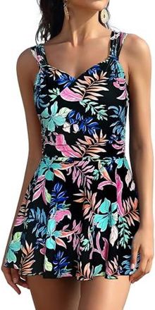 SHEKINI Maillot de bain une pi&egrave;ce pour femme - Jupe fronc&eacute;e - Grande taille - Avec short - Contr&ocirc;le du ventre, S