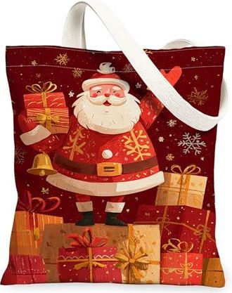Generic Sacs fourre-tout en toile vintage de No&euml;l, cadeaux de vacances, sacs de courses r&eacute;utilisables, festifs, l&eacute;gers et lavables, Rouge, 13x15 Inch