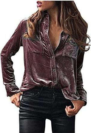 Generic Chemise en Soie Femme Ample Haut Velours Femme Chemisier Manches Longues Souple Haut Fluide Couleur Unie Top Chic Et &Eacute;l&eacute;gant Top Legere Confortable Ve