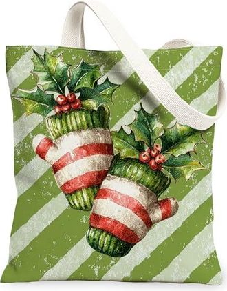 Generic Sacs fourre-tout en toile de vacances, motif moufles de No&euml;l festives, sacs de courses r&eacute;utilisables, rustiques, vintage, l&eacute;gers et lavables en toile 