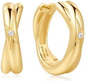 Ania Haie Boucles doreilles cr&eacute;oles Dusk Divas Cross Duo Huggies en argent sterling 925 plaqu&eacute; or 14 carats, serties de 2 zircones, dimensions : 11,7 x 5 mm, av