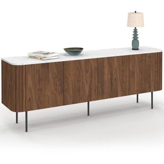 IDMarket Buffet bas 160 cm MARLA 4 portes effet noyer et lattes et plateau marbre blanc ALASKA