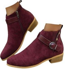 Generic Bottines plates pour femme &agrave; talons bas en faux daim avec sangle &eacute;lastique &agrave; boucle &agrave; bout rond - Bottes courtes avec fermeture &eacute;clair lat&eacute;rale - Chau