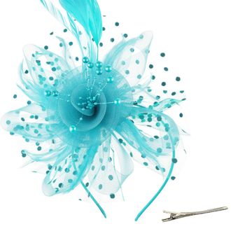 Dreshow Fascinators Hut Blume Mesh B&auml;nder Federn auf einem Stirnband und Einem Geteilten Clip Cocktail Tea Party Headwear f&uuml;r M&auml;dchen und Damen