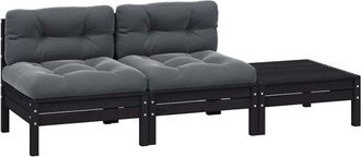 vidaXL Salon de jardin 3 pcs avec coussins Noir Bois de pin massif Vidaxl