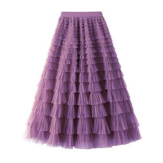 Generic Jupe longue pliss&eacute;e en mousseline de soie pour femme - Jupe tutu &agrave; volants - Longueur mollet - Taille haute, violet, L
