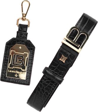 Laura Biagiotti Damen Geschenkset - G&uuml;rtel & Schl&uuml;sselanh&auml;nger, Kunstleder Krokodilpr&auml;gung, Schwarz, verstellbar, nickelfrei