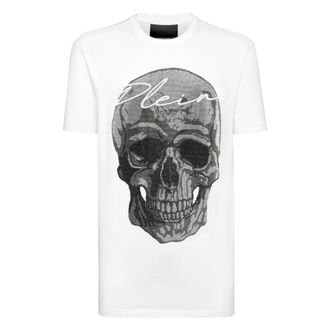 Philipp Plein Homme, Tops, Blanc, Taille: 4XL T-shirt Col Rond SS stones Skull