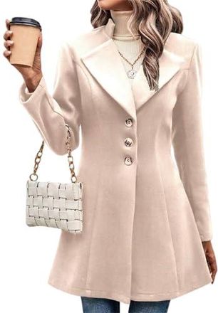 Generic Manteau dhiver en laine m&eacute;lang&eacute;e pour femme, manteau trench &agrave; revers crant&eacute; simple boutonnage &eacute;vas&eacute; mi-long vestes dext&eacute;rieur, abricot, M