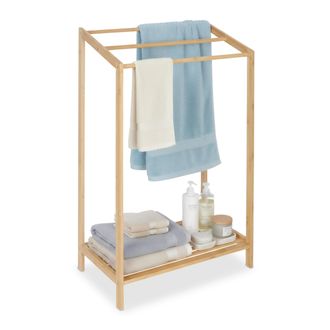 Relaxdays Handtuchst&auml;nder Bambus, 3 Stangen, mit Ablage, HBT: 86 x 52,5 x 32 cm, freistehend, Duschtuchhalter Bad, Natur