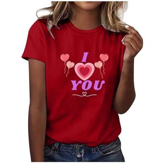 Generic 2026 T-shirt rond d&eacute;contract&eacute; pour femme avec lettres et coeurs imprim&eacute;s Saint-Valentin, Rouge, XL