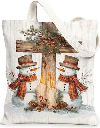 Generic Sacs fourre-tout en toile motif bonhomme de neige de No&euml;l, sacs d&eacute;picerie r&eacute;utilisables, vintage, l&eacute;gers et lavables, 33 x 38 cm