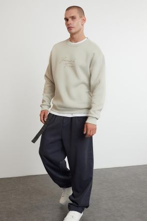 Trendyol MAN Herren Grau Slogan Lang Oversize Sweatshirts
